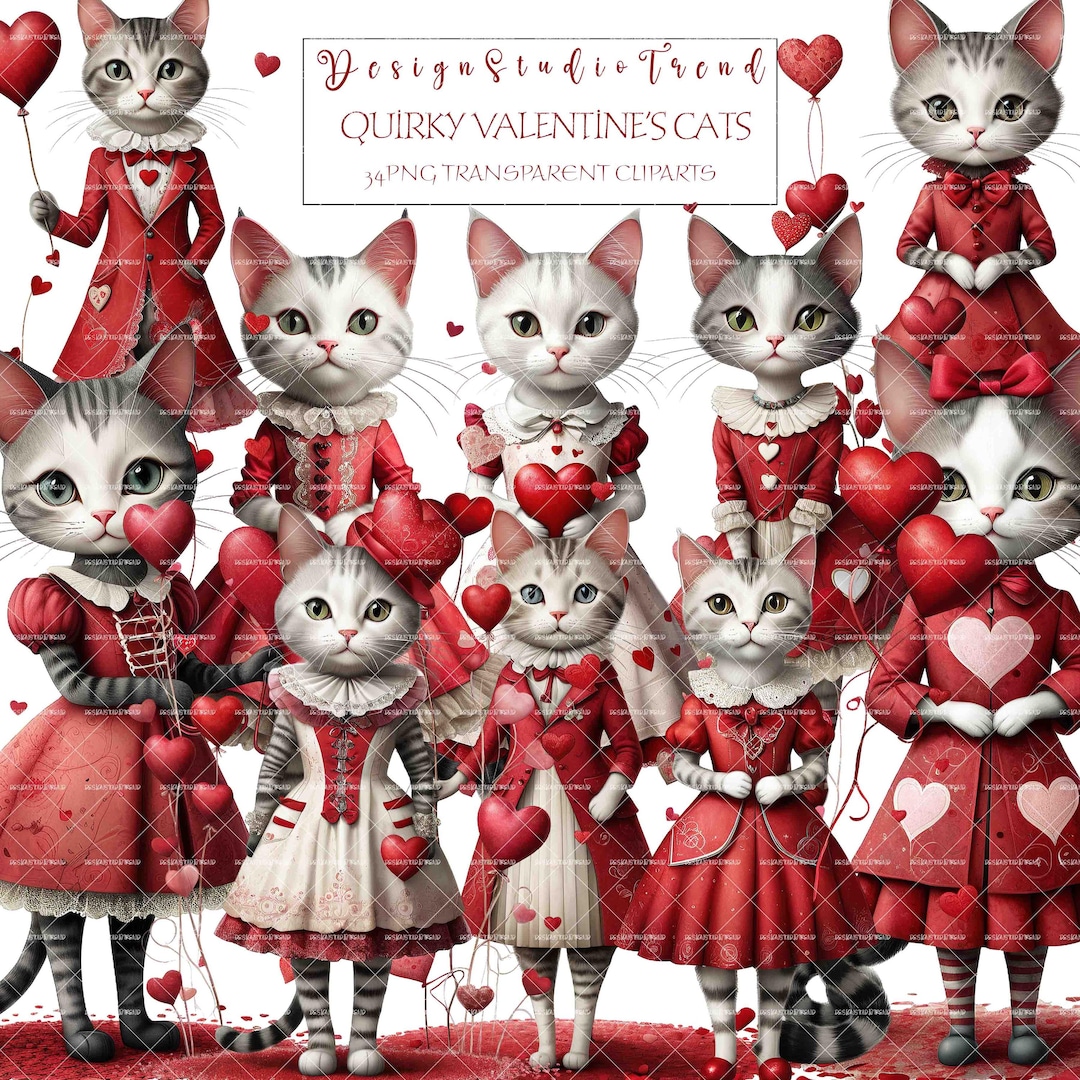 Valentine's Cat Paper Doll Clipart: 34 PNG Printable Set (commercial ...