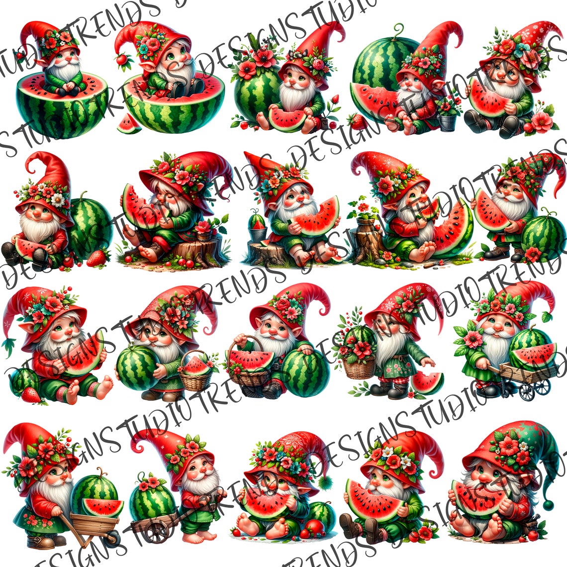 Watermelon Gnomes Fantasy Clipart 24 Pcs Magical Garden Decor Digital ...