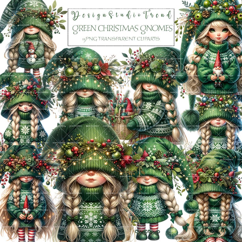 Green Christmas Gnome Clipart: 13 Whimsical Fantasy Designs (commercial ...