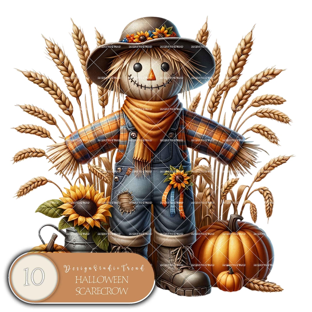 Whimsical Scarecrow Clipart Set: Halloween & Fall PNG Illustrations ...