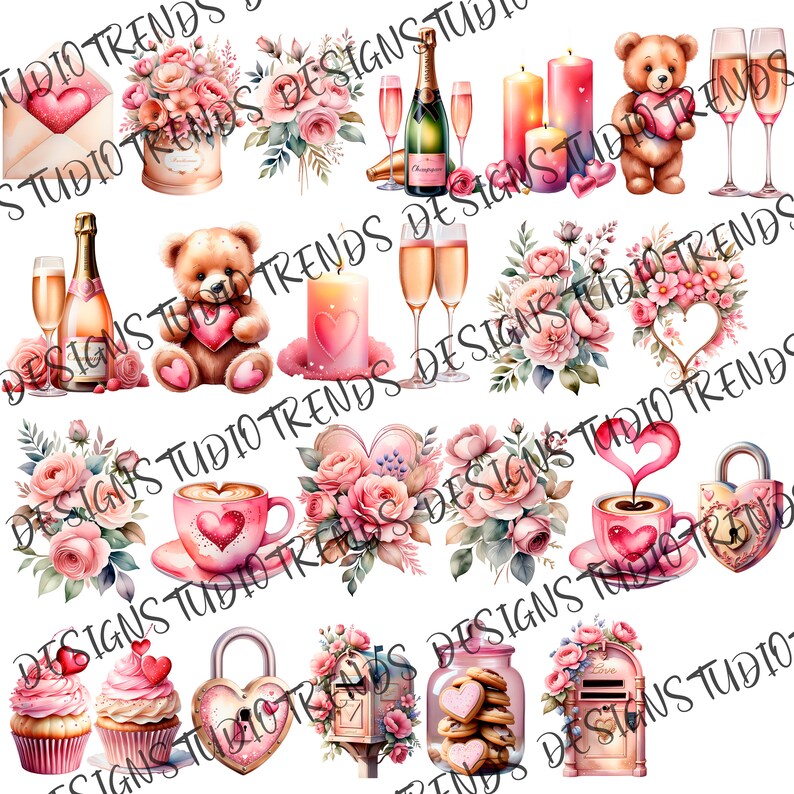 Pink Valentine Clipart Bundle: Floral Watercolor PNG (commercial Use ...