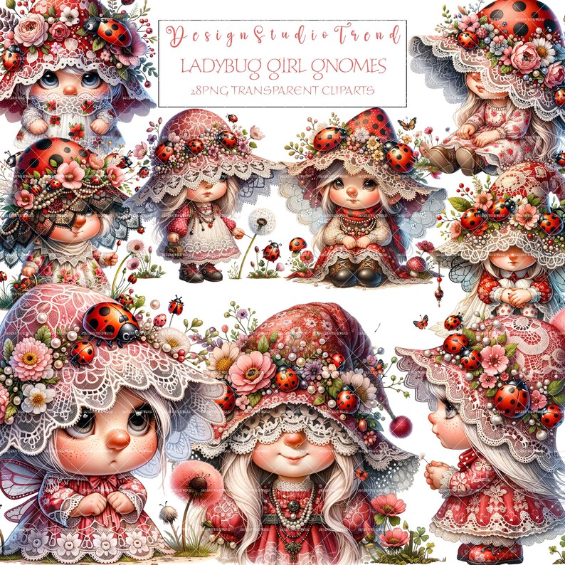 Ladybug Girl Gnome - 28pcs Enchanting Female Gnome Clipart Set ...