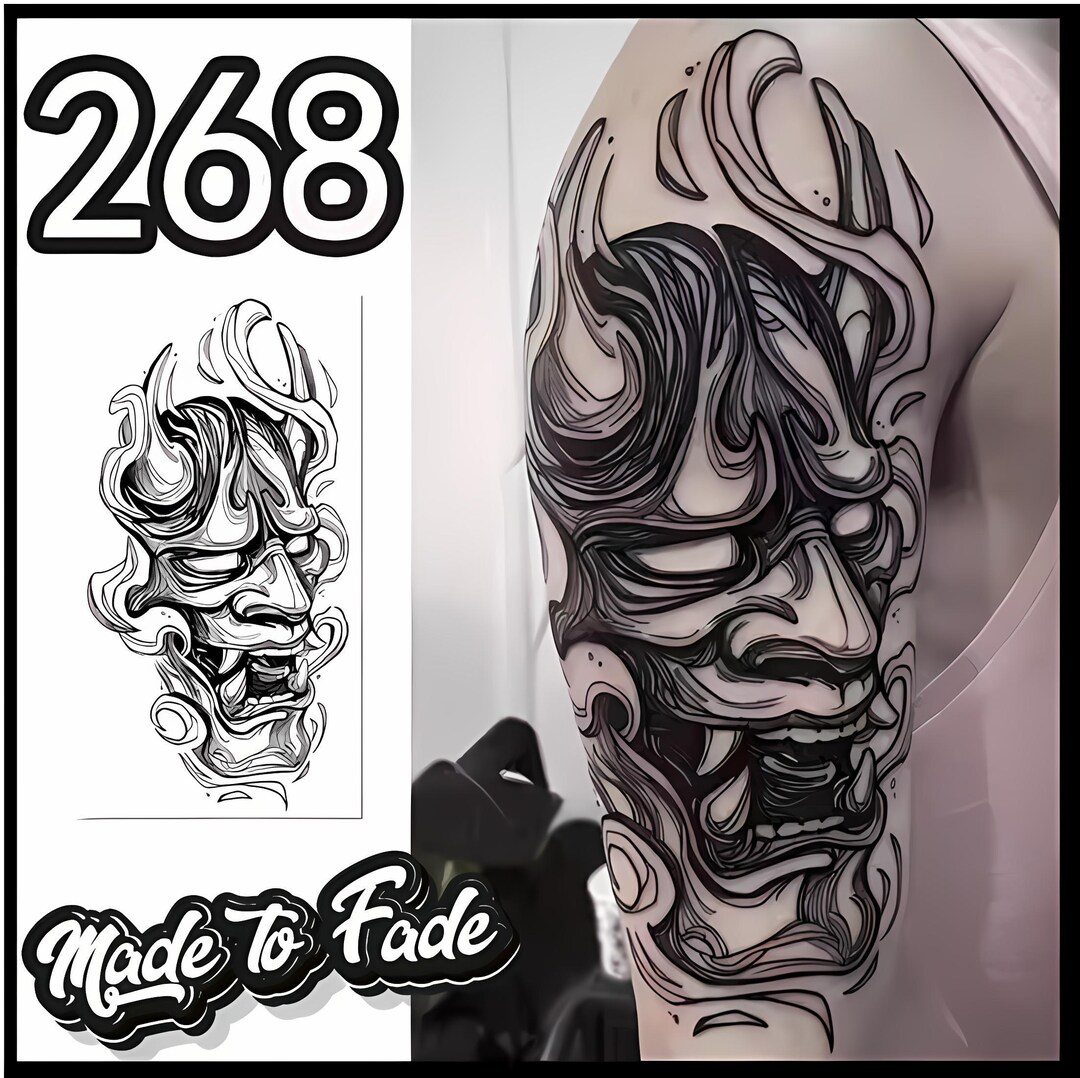 Demon Mask Temporary Tattoo, Made to Fade, Bold Oni Inspired Sleeve Art ...
