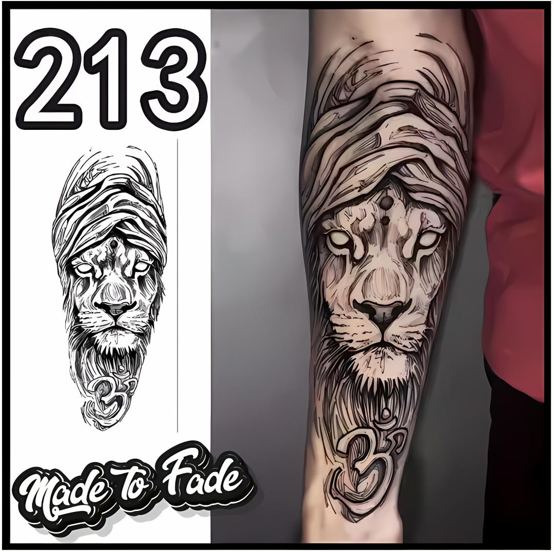 Lion Sage Temporary Tattoo, Semi Permanent Black Ink Design, Bold Om ...