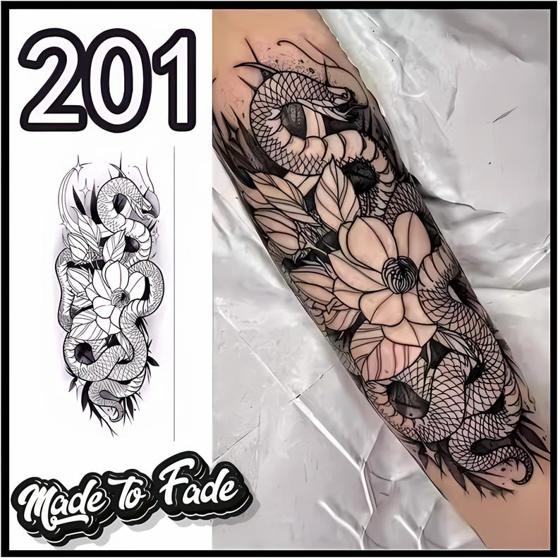 Floral Snake Temporary Tattoo, Snake and Cherry Blossom Design, Semi ...