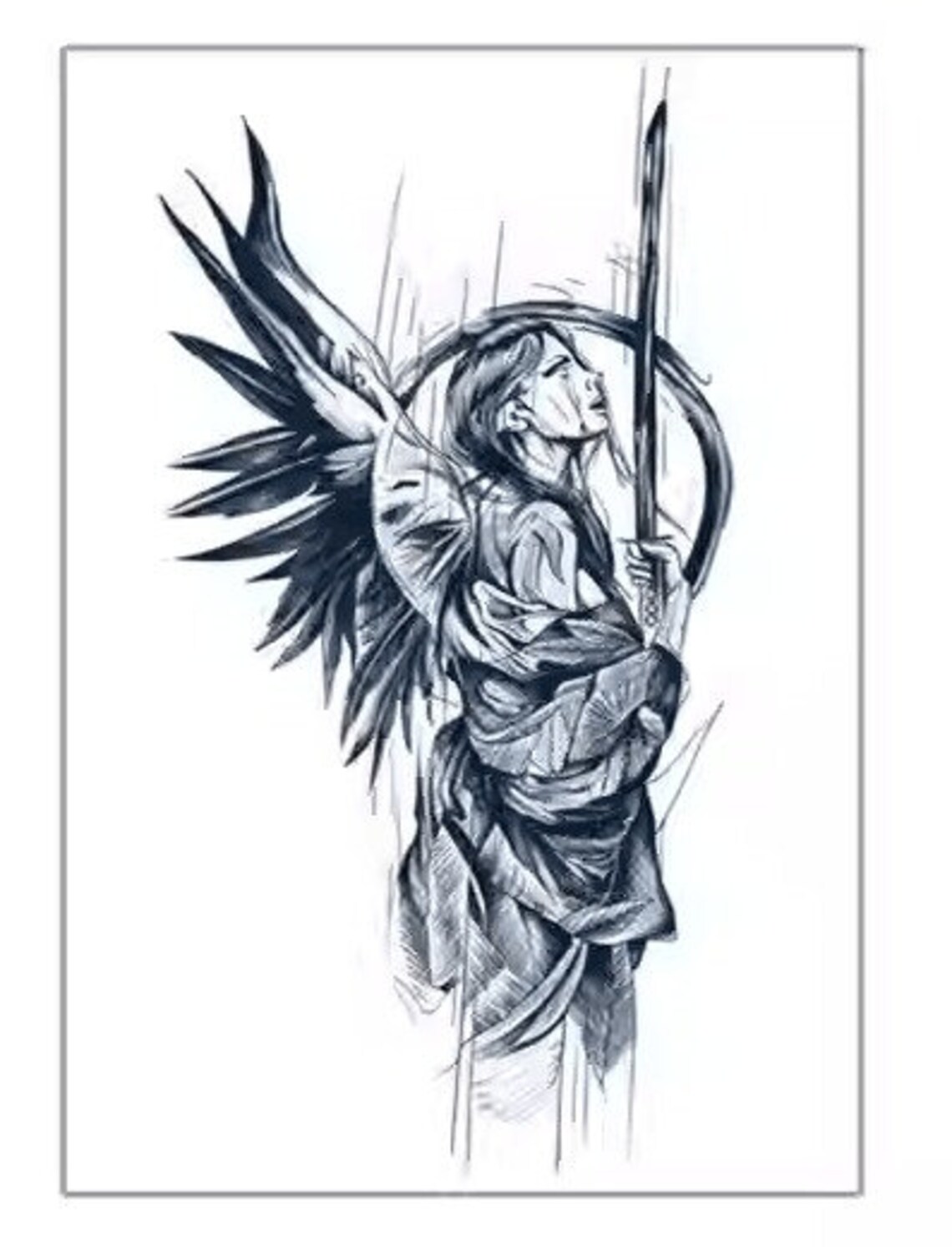 Angel Wings With Staff Temporary Tattoo, Angel Wings Clip Art, Semi ...