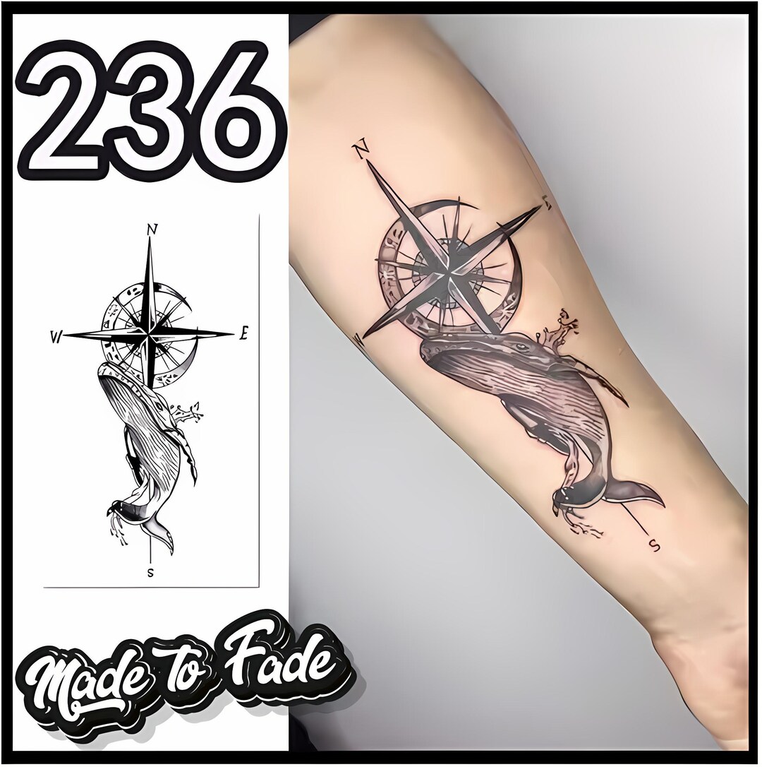 Whale Compass Temporary Tattoo, Whale Ocean Animal Tattoo Design ...