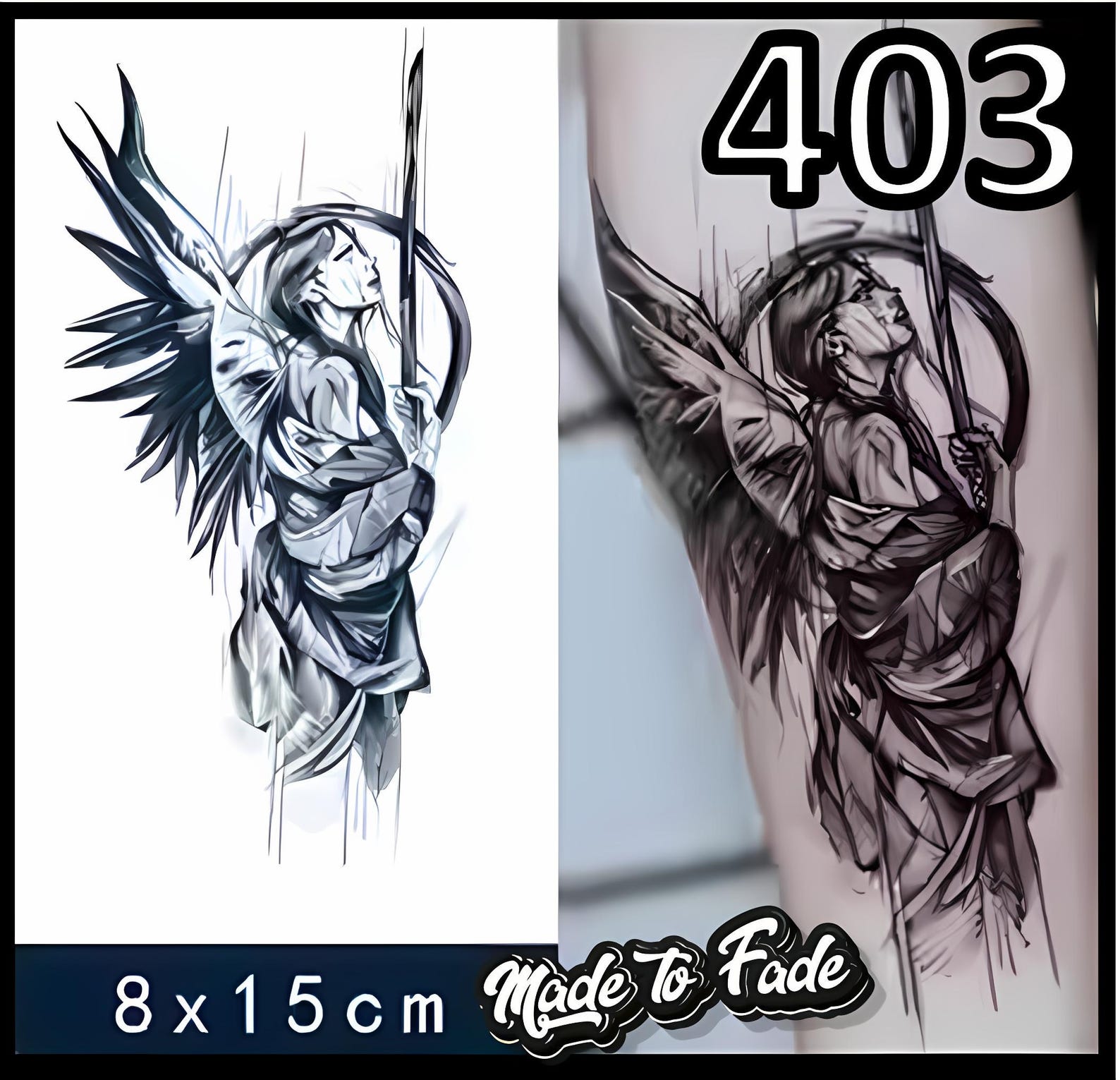 Angel Wings With Staff Temporary Tattoo, Angel Wings Clip Art, Semi ...