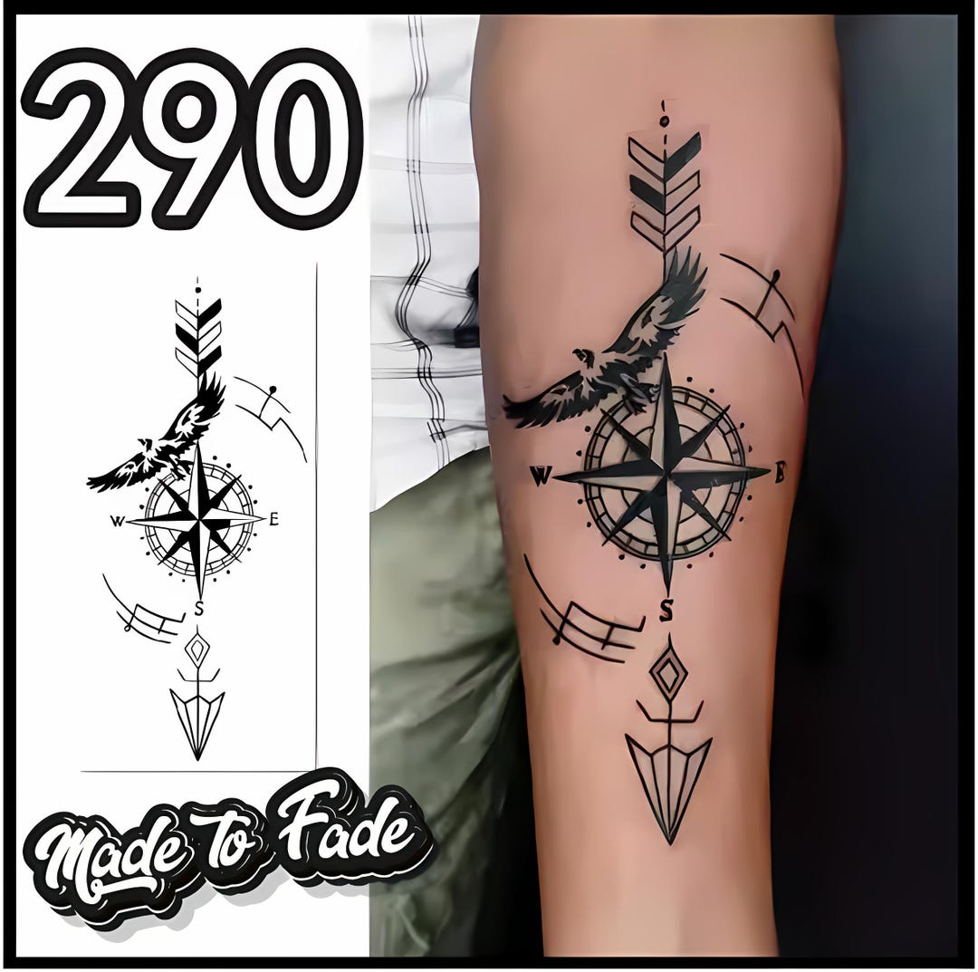 Eagle and Compass Temporary Tattoo, Arrow and Adventure Inspired Sleeve ...