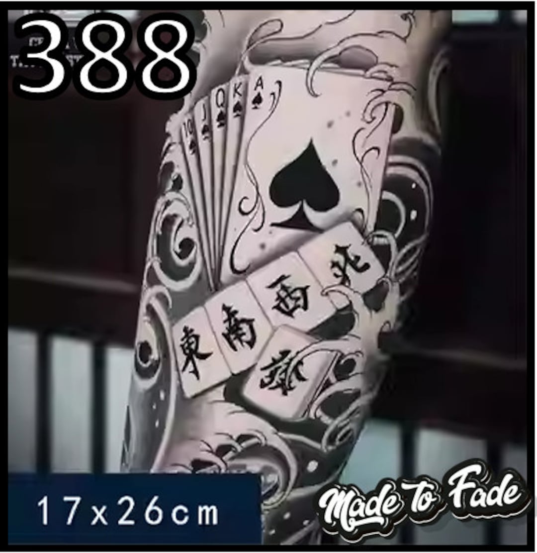 Ace of Spades and Mahjong Sleeve Temporary Tattoo, Semi Permanent Black Ink, Playing Cards Asian ...