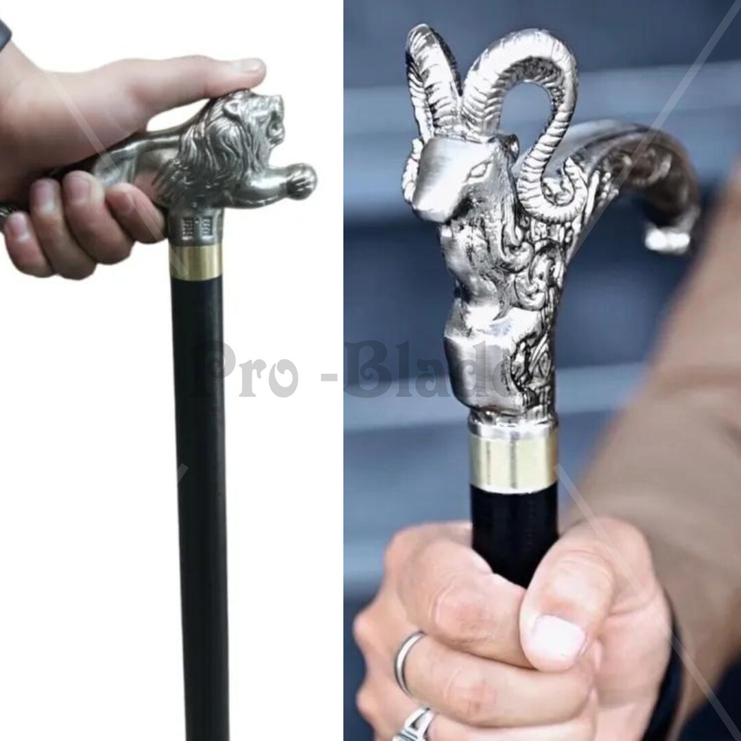 Lion and Ram Walking Stick Cane, Old Men Mobility Cane Antique Knob ...