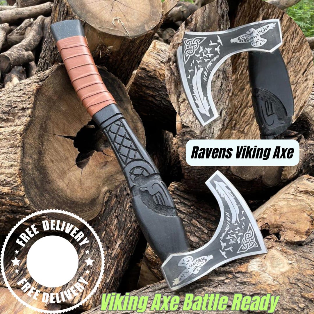 Viking Axe Battle Ready Ravens Symbol With Craved Wood Leather Wrap ...