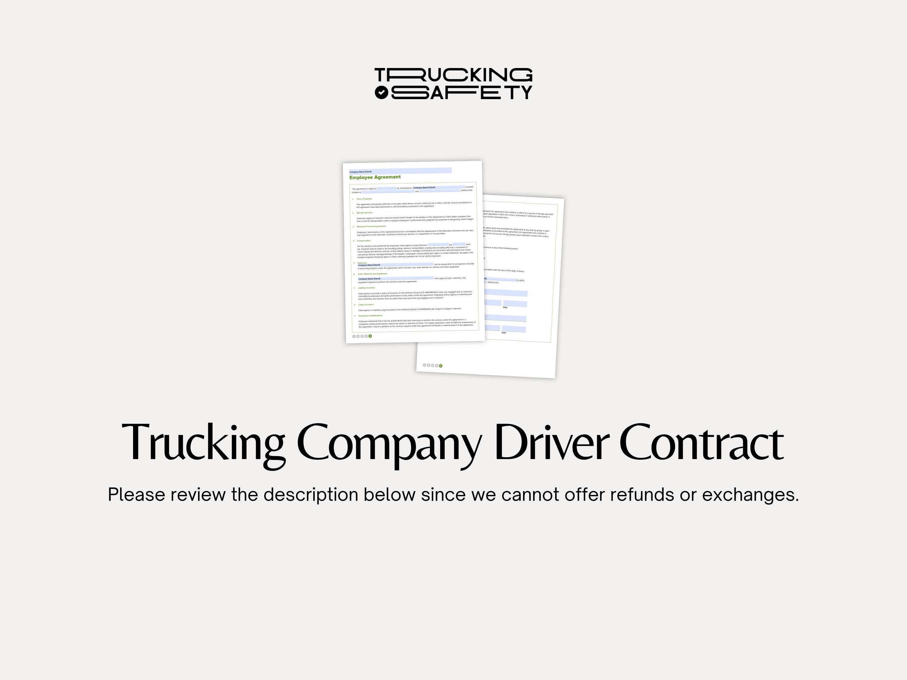 Truck Driver Contract Trucking Company Employee Agreement Trucking ...