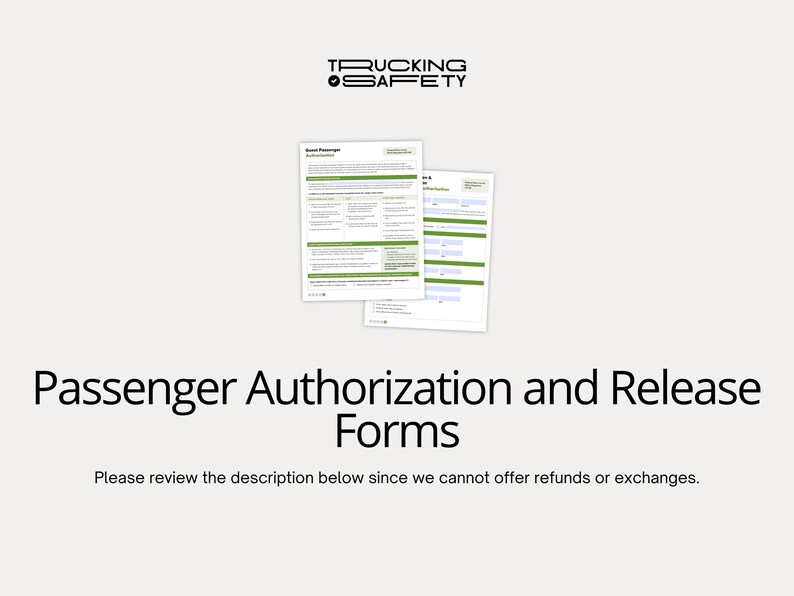 Passenger Authorization and Release Form Kit for a Trucking Company ...