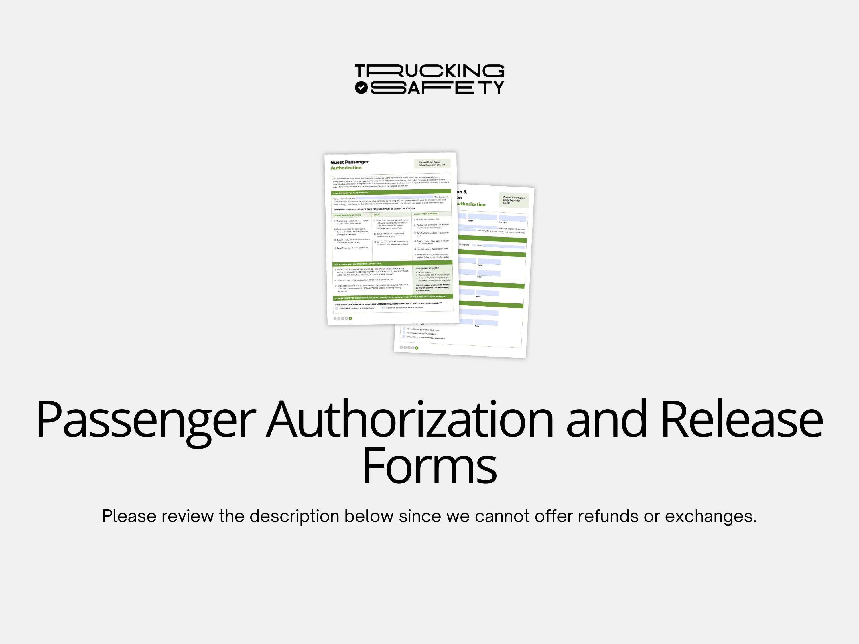 Passenger Authorization and Release Form Kit for a Trucking Company ...