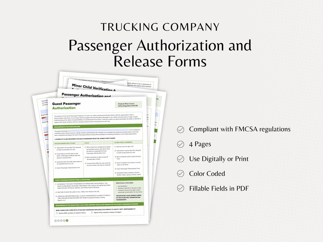 Passenger Authorization and Release Form Kit for a Trucking Company ...