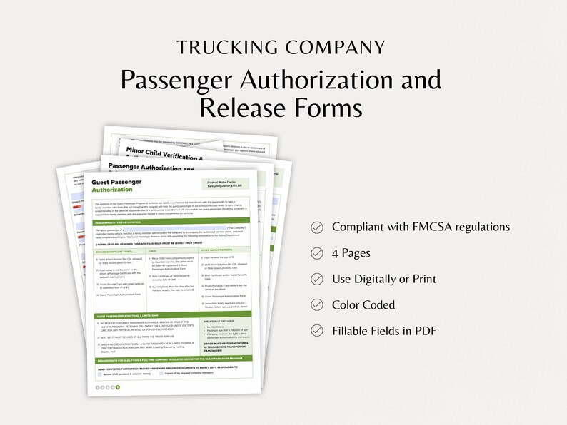 Passenger Authorization and Release Form Kit for a Trucking Company ...