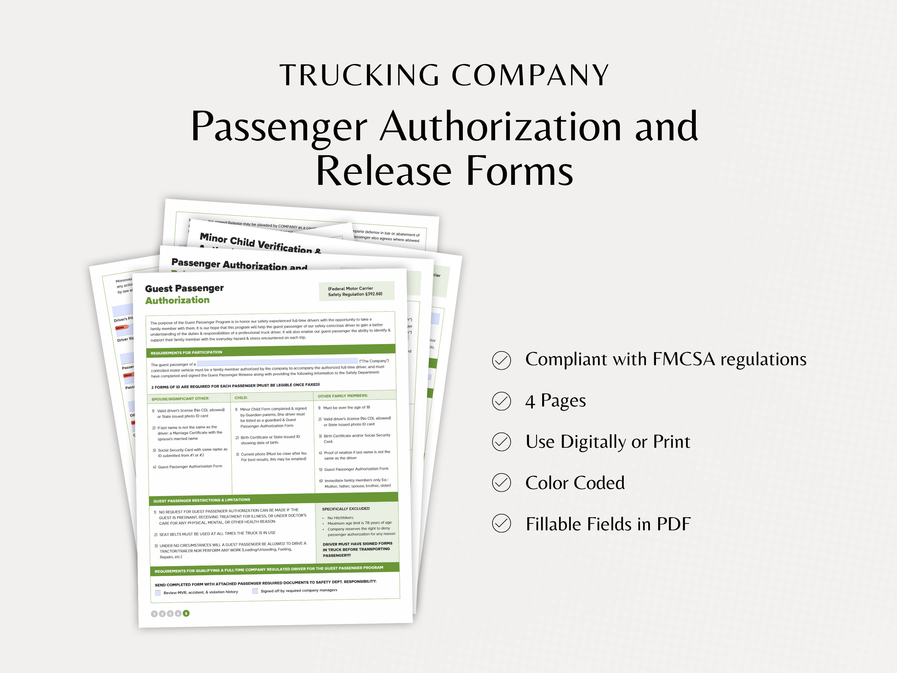 Passenger Authorization and Release Form Kit for a Trucking Company ...
