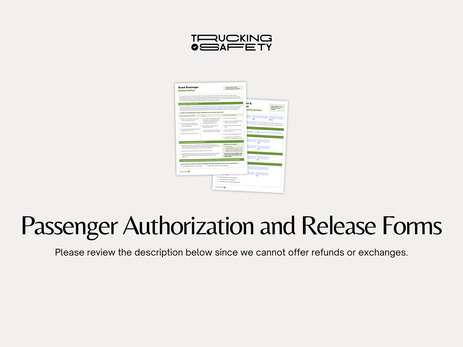 Passenger Authorization and Release Form Kit for a Trucking Company ...