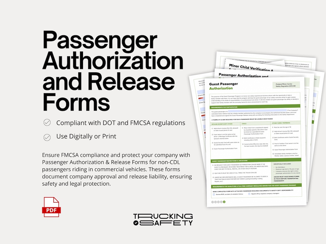 Passenger Authorization and Release Form Kit for a Trucking Company ...