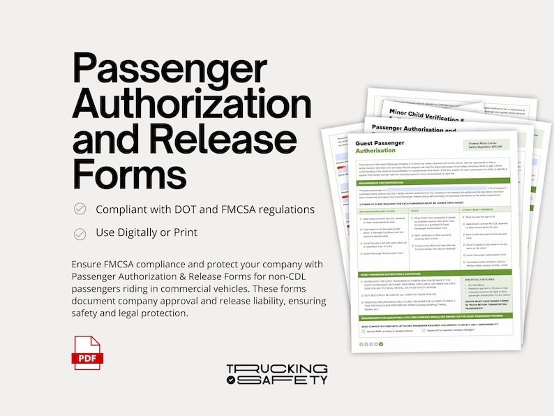 Passenger Authorization and Release Form Kit for a Trucking Company ...
