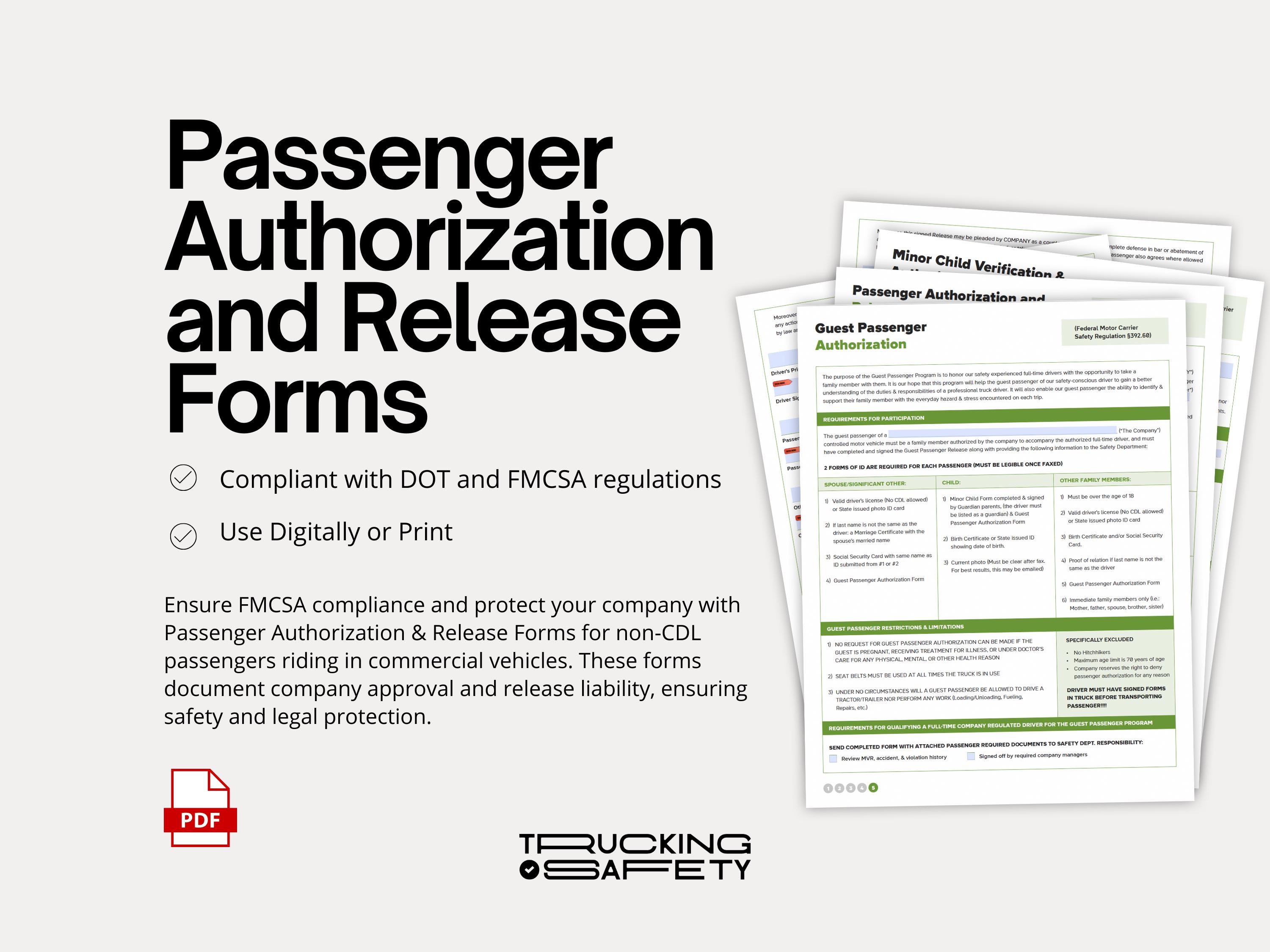 Passenger Authorization and Release Form Kit for a Trucking Company ...