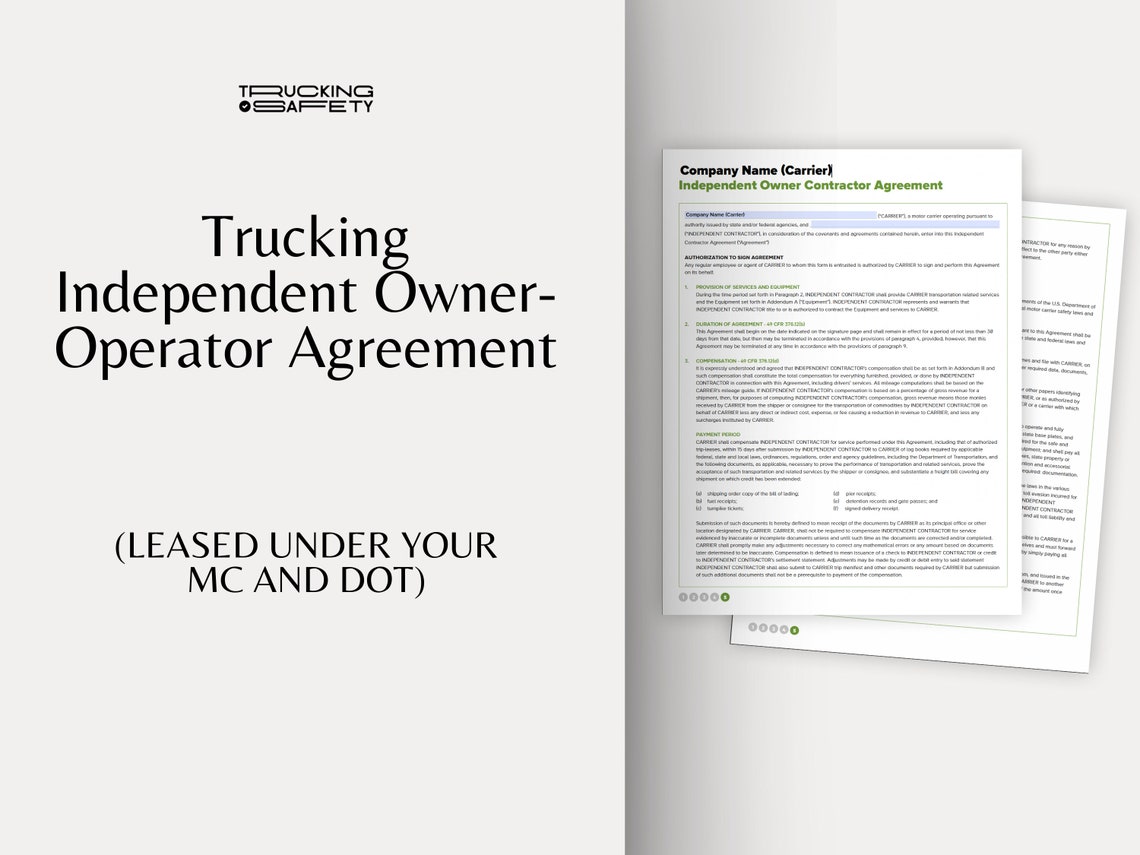 Independent Owner Operator Agreement for Trucking Companies Lease ...