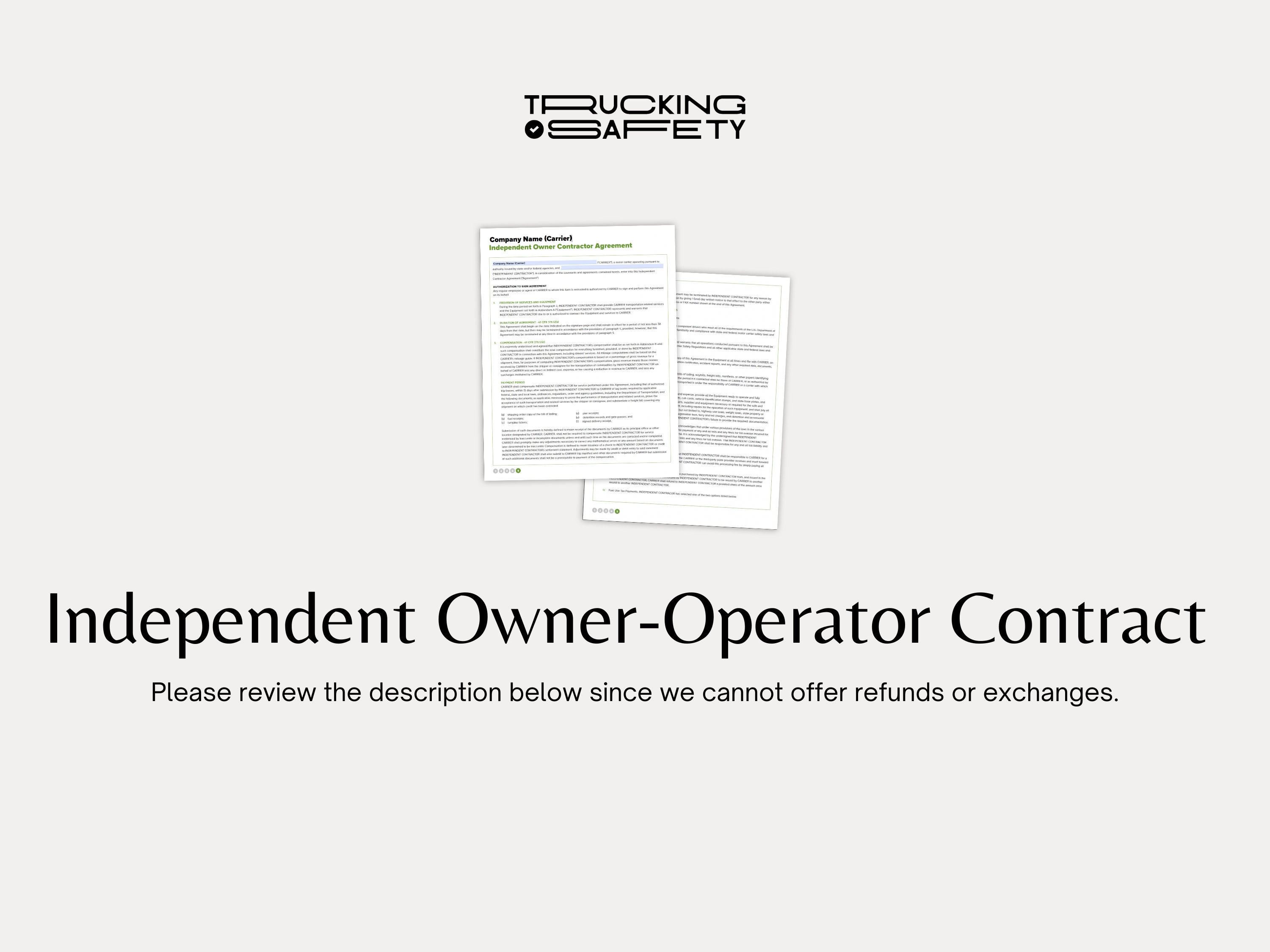 Independent Owner Operator Agreement for Trucking Companies Lease ...