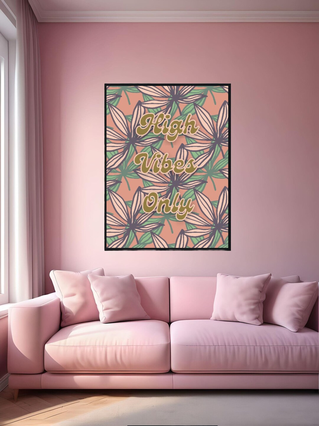 Peach and Green Cannabis Floral Wall Decor, Subtle Cannabis Botanical ...