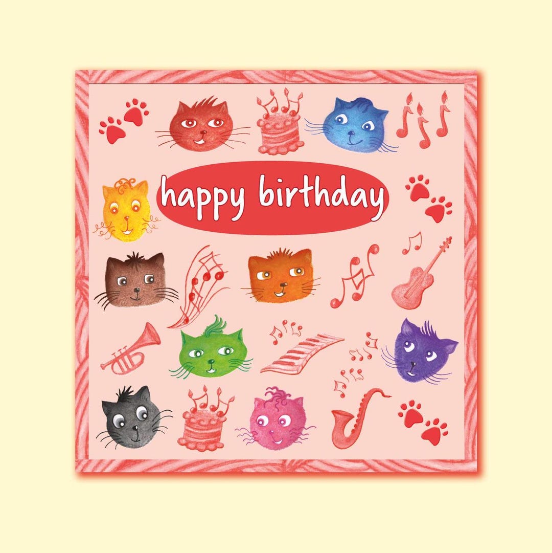Cats Birthday Card, Cats and Music Greetings Card, Square Cat Lover ...