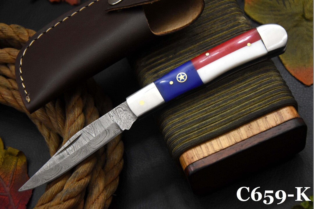 Custom 7.5oal Damascus Steel Folding Knife Handmade With Texas Handle ...