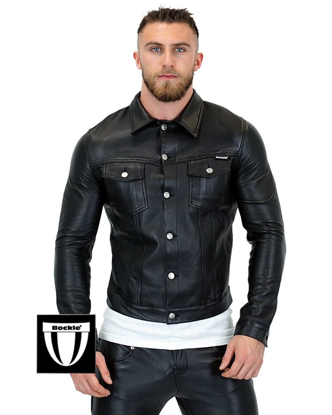 Bockle Stretch Jeans Jacket Black Men's Leather Jacket - Etsy