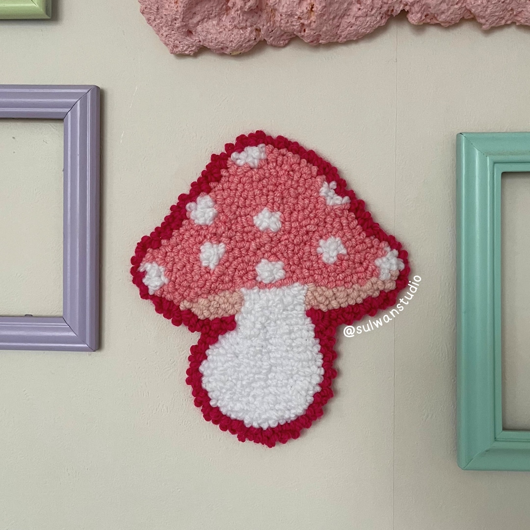 Cute Pink Mushroom Home Rug, Kawaii Gallery Wall Hanging, Punch Needle ...