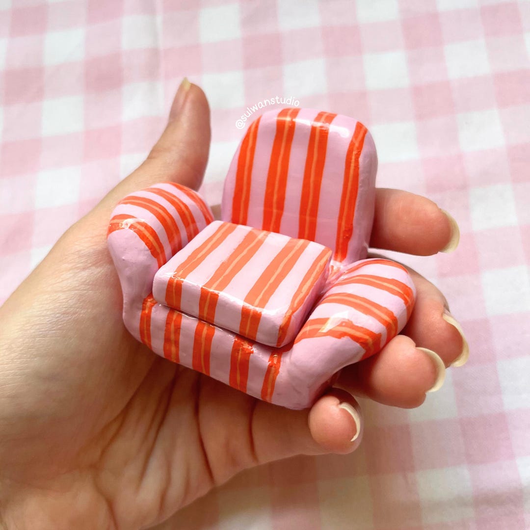 Miniature Armchair Couch Jewelry Box, Girly Pink Orange Striped Tiny ...