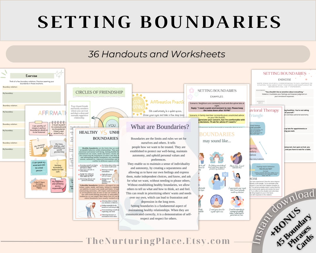 Setting and Understanding Healthy Boundaries Bundle, Worksheets, Phrases Cards, Boundary ...