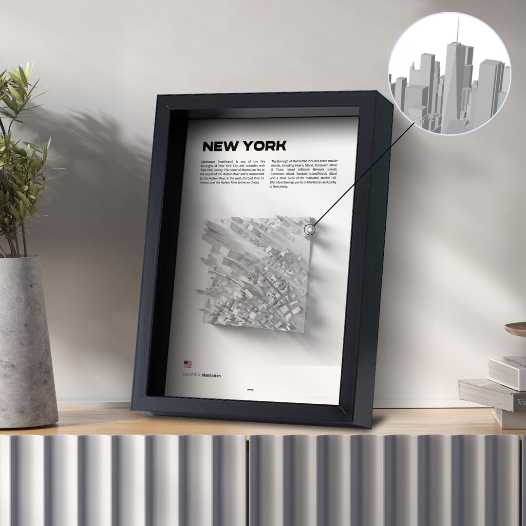 New York 3D Print Poster in Frame Downtown Manhattan Poster Detailed ...