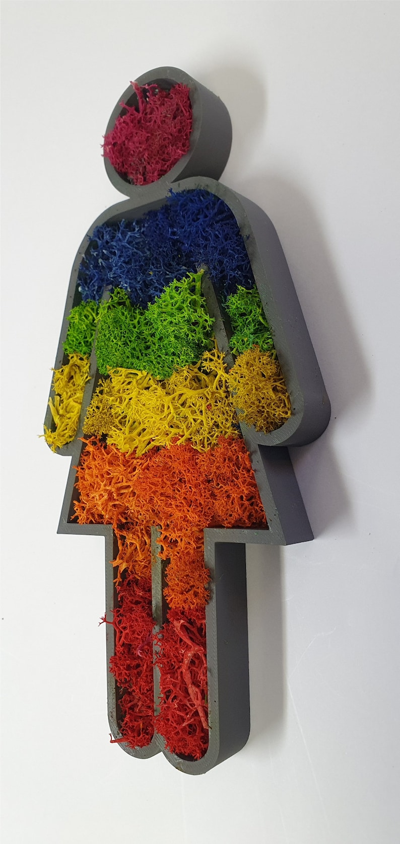 WC-Zeichen Frau oder Mann in Regenbogenfarben aus Islandmoos. Korpus 3 ...