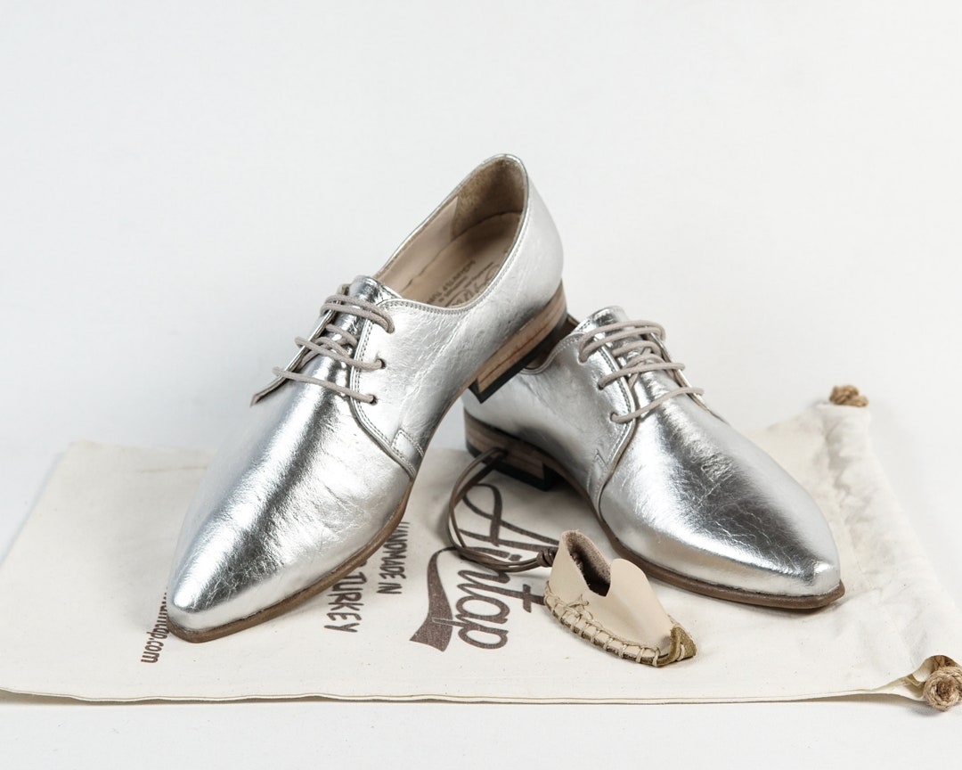 Women Oxford Point Toe SILVER BRIGHT Turkish Genuine Leather - Etsy