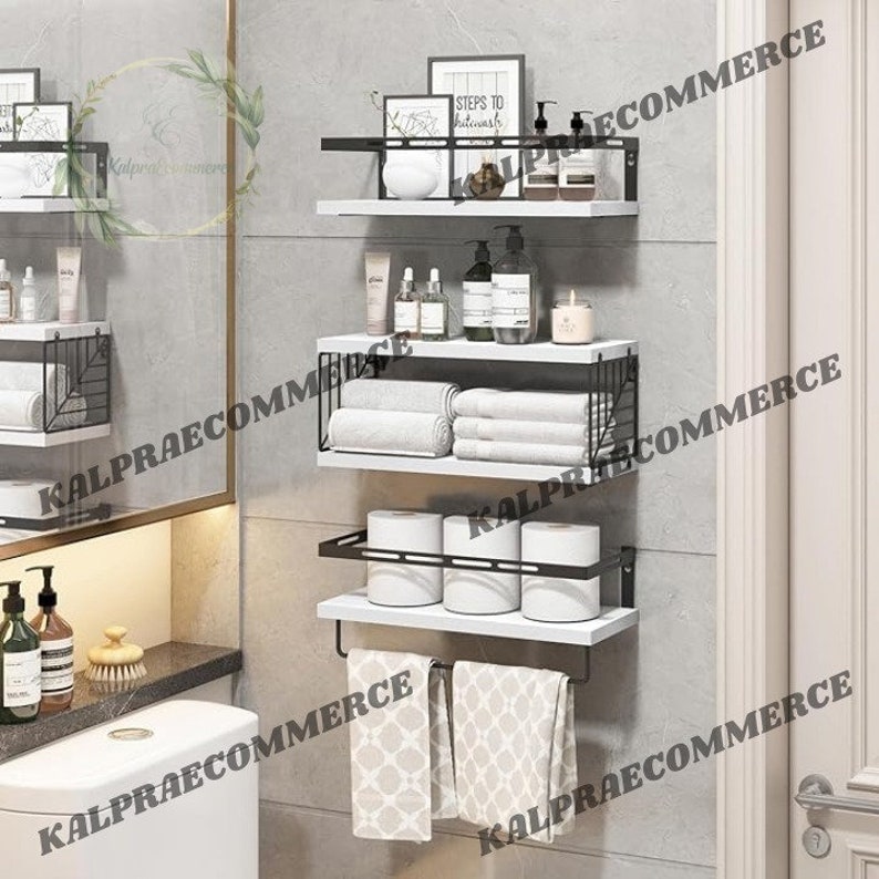 Set of 3 Tier Wooden Bathroom Shelves With Basket | Wall Mounted Shelf ...