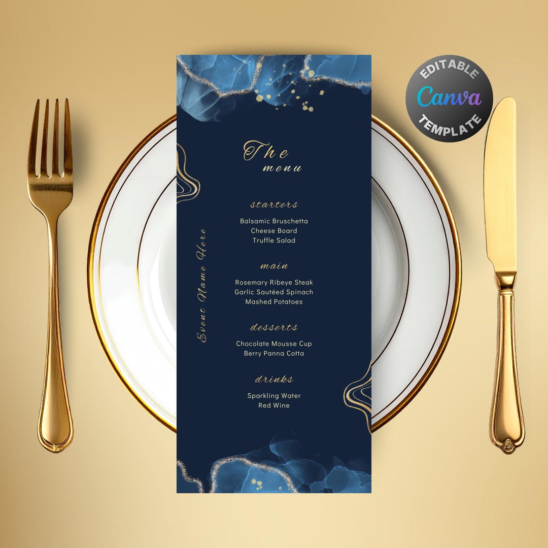 Editable Navy Blue Gold Menu, Printable Blue Gold Dinner Menu, Classy ...