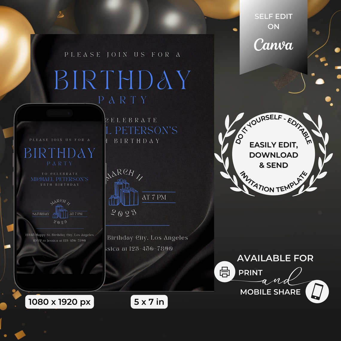 Editable Birthday Party Invitation, Printable Leather Black and Royal ...