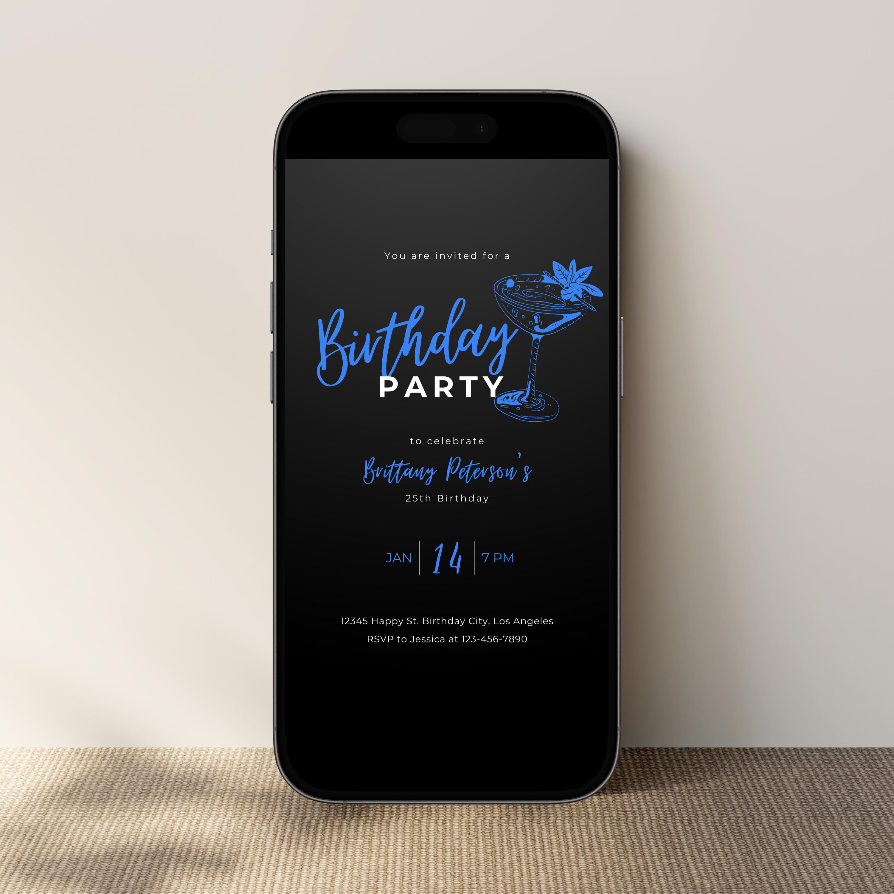 Editable Blue Cocktail Glass Birthday Invitation, Printable Black and ...