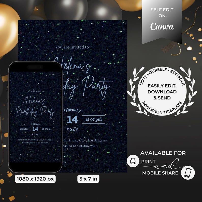 Editable Midnight Blue Birthday Invitation for Women, Feminine Navy ...
