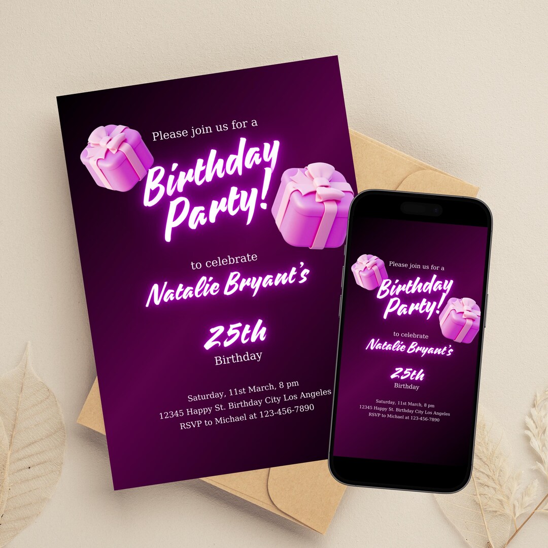 Editable Pink Neon Birthday Invitation for Women, Printable Purple Pink ...