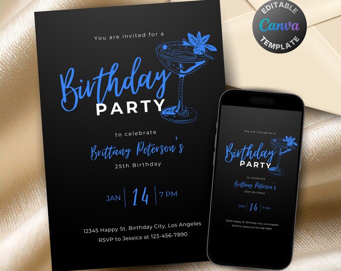 Editable Blue Cocktail Glass Birthday Invitation, Printable Black and ...