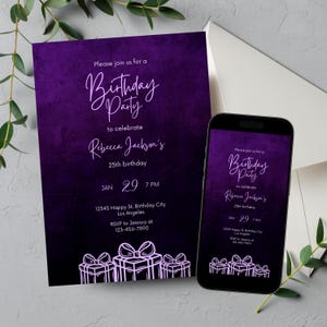 Editable Purple Birthday Invitation, Printable Amethyst Purple Birthday ...