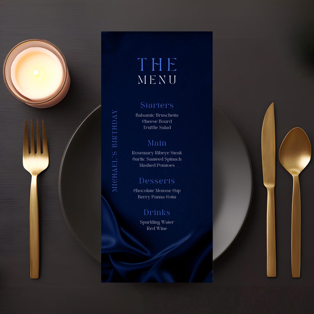 Editable Navy Blue Satin Silk Menu, Printable Navy Blue Dinner Menu ...