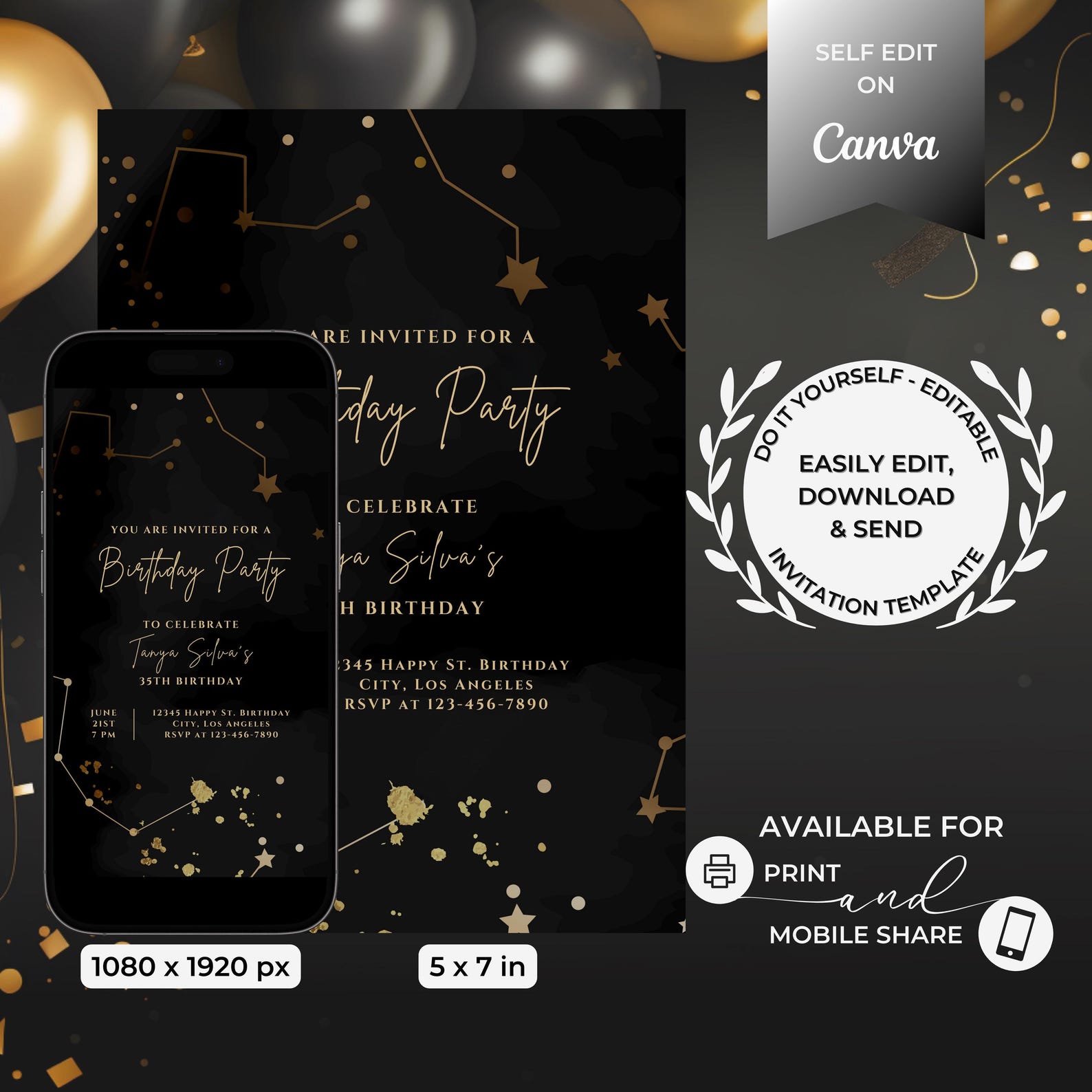 Editable Gold Celestial Stars Birthday Invitation for Women, Feminine ...