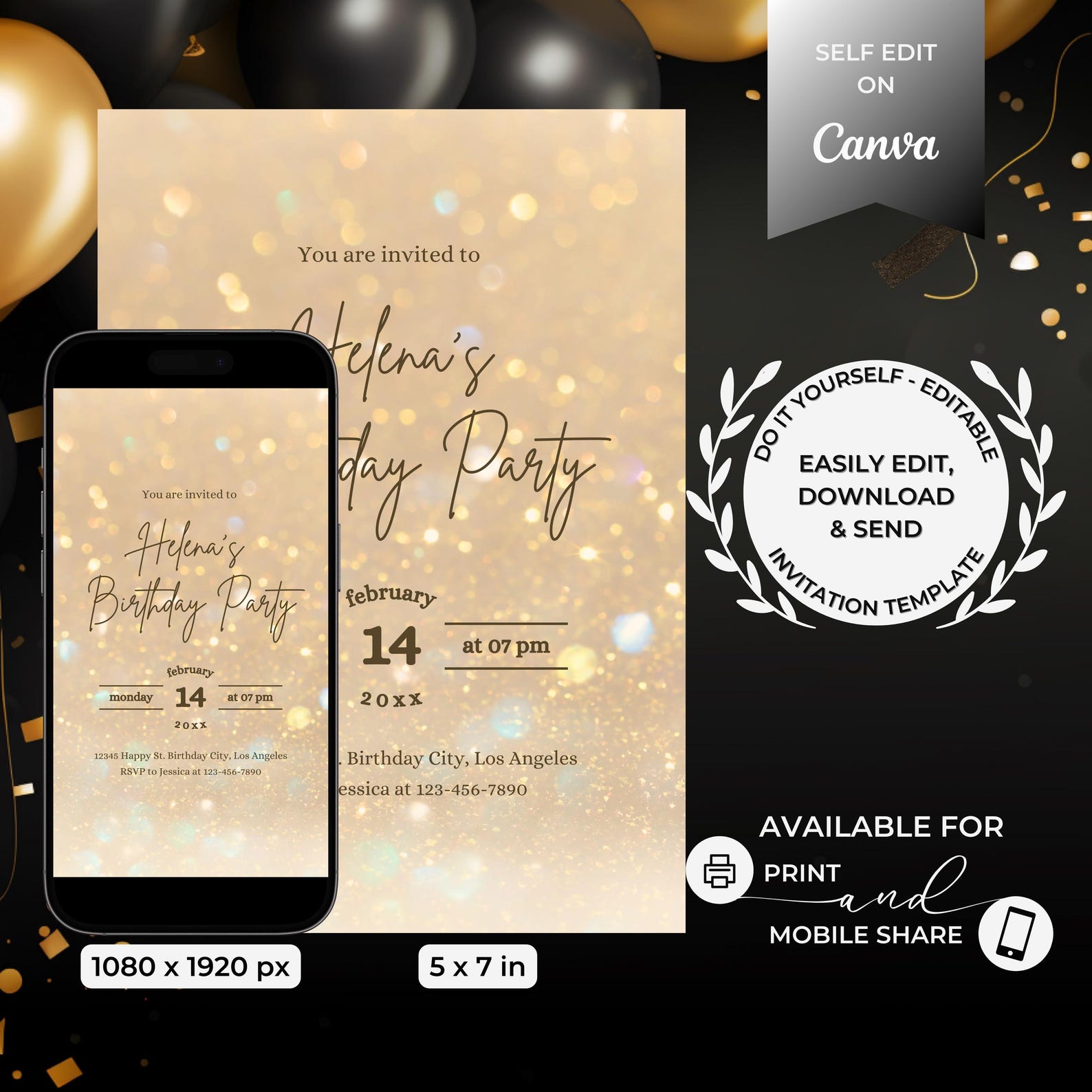 Editable All Gold Birthday Invitation for Women, Feminine Gold Glitter ...