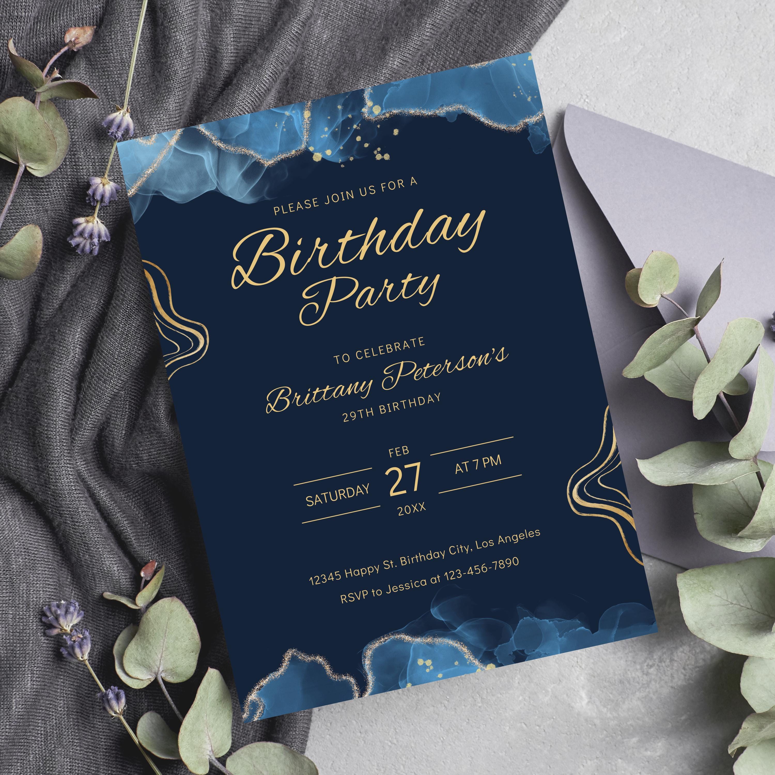 Editable Blue and Gold Birthday Invitation, Printable Shades of Blue ...